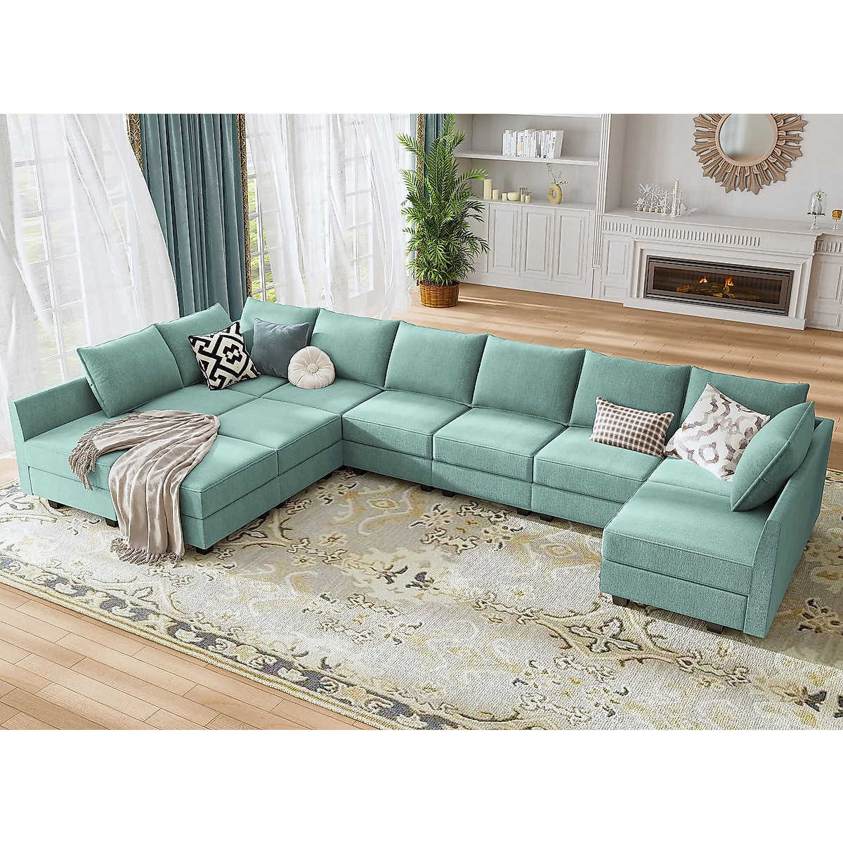 HONBAY Convertible U Shaped Modular Sofa Sectional Modular Couch with Chaise Oversized Sofa Sleeper Couch for Large Living Room,Aqua Blue