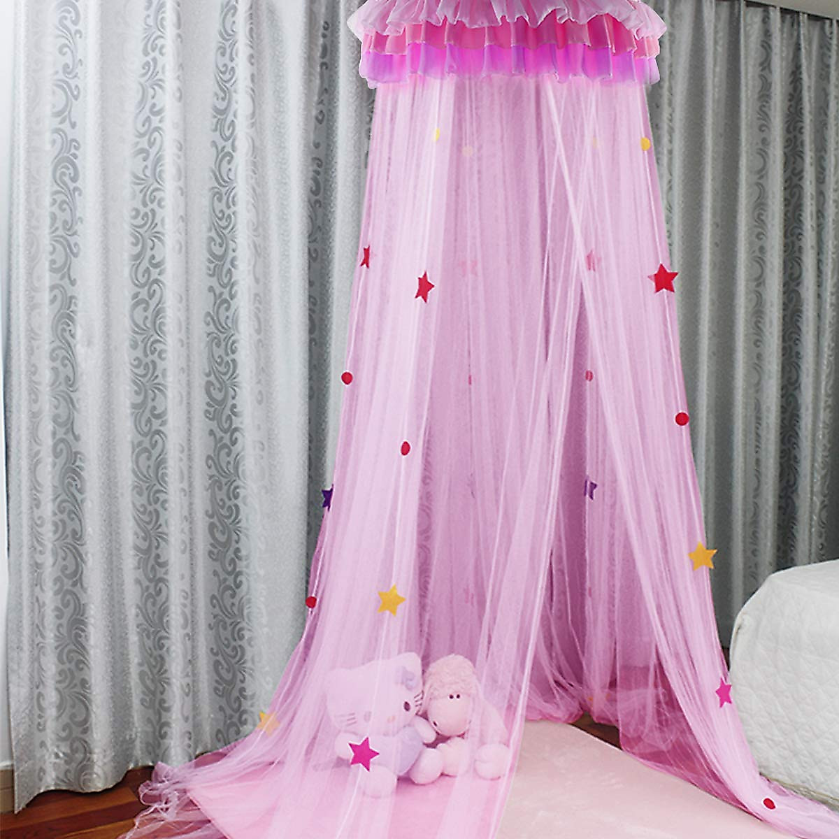 Goplus Princess Bed Canopy Netting Dome with Elegant Ruffle Lace for Girls and Baby Room Decor, Bed Curtains Mosquito Net for Twin, Full, Queen Size Beds, Pink