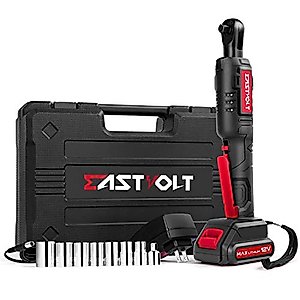 Eastvolt 12V Cordless Electric Ratchet Wrench Set, 3/8 Inch 35 Ft-lbs Power Wrench Tool Kit with Fast Charger, 2.0Ah Lithium-Ion Battery, 7-Pieces 3/8 Inch Metric Sockets and 1/4" Adaptor, Black + Red