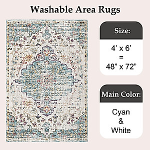 VK VK·LIVING Machine Washable Rug 4'x6' Vintage Design Washable Area Rugs with Non Slip Rugs for Living Room Bedroom Traditional Woven Rug Carpet Stain Resistant Dining Home Office Boho Rug,Cyan&White