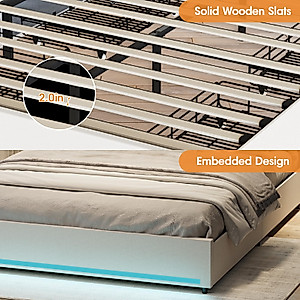 Full Size Bed Frame with Storage Headboard and 4 Drawers, Platform Bed Frame with Charging Station & RGB Lights, Noise-Free, Heavy Duty Wood Slats, No Box Spring Needed, Noise-Free