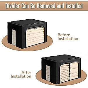 2Pack Storage Bins with Divided Interior - Frame Storage Box Oxford Fabric Clothes Storage Bags Large Capacity Stackable Foldable Container Organizer Set with Clear Window (Large-66L, Black)