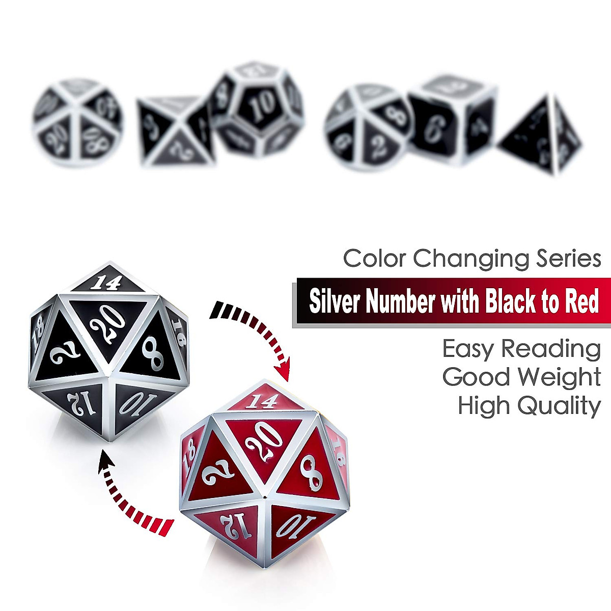 DNDND Color Changing Metal Dice Set, Temperature Sensitive DND Game Dice Set with Free Metal Tin for Dungeons and Dragons D&D Rolling Table Games (Silver Number with Black to Red)