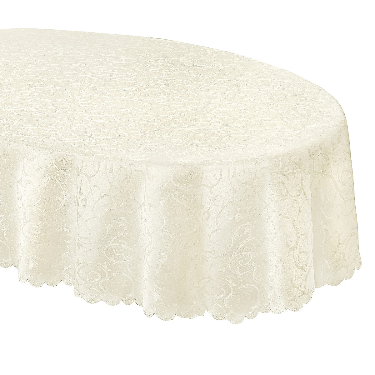 Newbridge Portofino Scalloped Damask Fabric Tablecloth, Wrinkle and Stain Resistant Fine Dining and Holiday Tablecloth, 60 Inch x 84 Inch Oval, Ivory