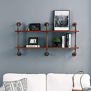 ivinta Industrial Pipe Shelves with Wood 2-Tiers, Rustic Wall Mount Shelf, Metal Hung Bracket Bookshelf, DIY Storage Shelving Floating Shelves