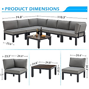 AECOJOY Outdoor Patio Furniture Set, Metal Patio Sectional Conversation Sofa, Black Wrought Iron Outdoor Furniture Sets Clearance with Grey Cushions