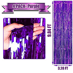 4 Pack Purple Foil Fringe Curtain Backdrop, 3.3Ft x 9.8Ft Metallic Tinsel Foil Fringe Streamers Curtains for Photo Booth, Wedding, Thanksgiving, Birthday, Christmas, Halloween Party Decoration