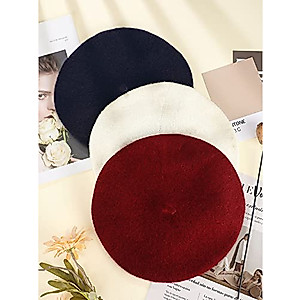 3 Pieces Beret Hat French Style Beanie Cap Solid Color Winter Hat for Women and Girls Casual Use (Navy, White, Burgundy)