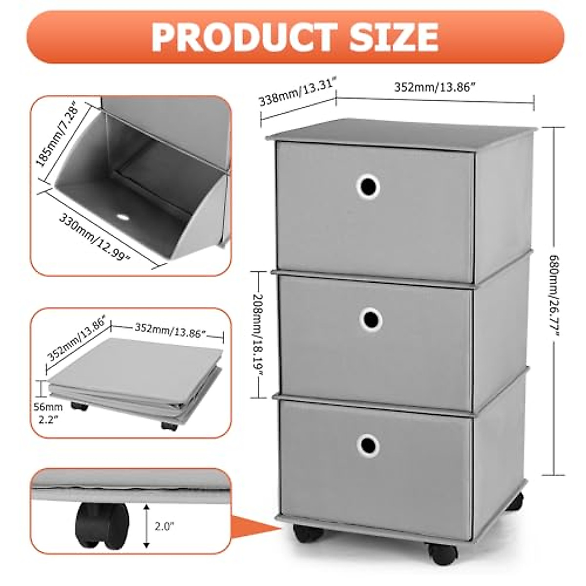 JOMOLA Rolling Storage Cart with 3 Drawers, Utility Cart with Wheels, Fabric Storage Cube Bin with Cover Collapsible Organizer Cart for Dresser Bedroom Dorm Home Office Mobile File Filing Cabinet Gray