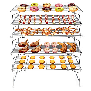 TeamFar Cooling Rack, 5-Tiers Stainless Steel Baking Cooling Wire Rack for Baking Roasting Cooking, Healthy & Firmly Weld, Stackable & Collapsible, Dishwasher Safe, 15”x10”