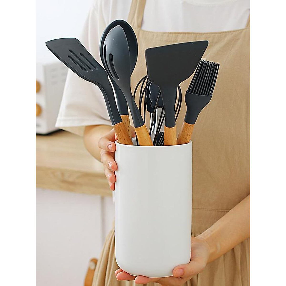 XUT Cooking Utensil Storage Crock Chopsticks Holder Decor For Countertop Kitchen Utensils Ceramic Cutlery Caddy Organizer
