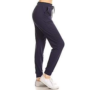 Leggings Depot Womens Relaxed fit Jogger Pants - Track Cuff Sweatpants with Pockets, Navy, X-Large