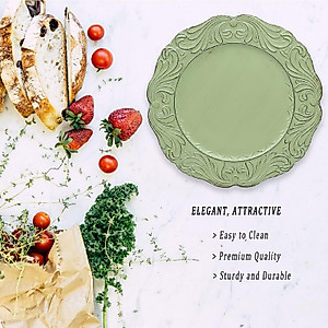Leemxiiny Antique Green Charger Plates with Embossed Edge, Plastic Flora Decorative Chargers for Dinner Plates Set of 6 Bulk Wedding for Table Setting, Party, Holiday