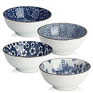 Y YHY Ceramic Bowls, 16 oz Japanese Rice Bowl, Porcelain Cereal Bowls for Kitchen - Nice Choice of Thanksgiving & Christmas Gifts, Blue Bowl Set of 4, Microwave and Dishwasher Safe