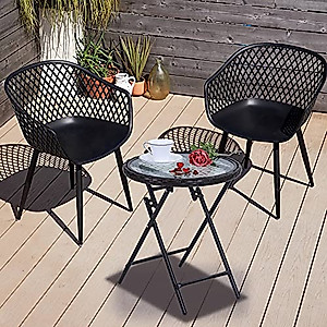 Sophia & William Patio Folding Side Table Round Outdoor End Table Set of 2 Small Portable Bistro Coffee Table with Tempered Glass Top w/Rattan Edge and Metal Frame for Outdoor and Indoor