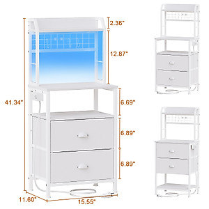 Furologee Tall Nightstand with Charging Station & LED Lights, 41'' Bedside Table with 2 Drawers & Pegboard, White Night Stand with Hooks & Folders, End Table with Shelves for Bedroom/Living Room