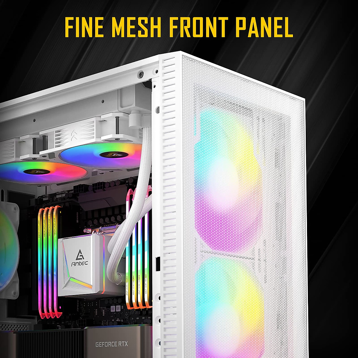 Antec NX410 ATX Mid-Tower Case, Tempered Glass Side Panel, Full Side View, Pre-Installed 2 x 140mm in Front & 1 x 120 mm ARGB Fans in Rear (White) (9734088000)