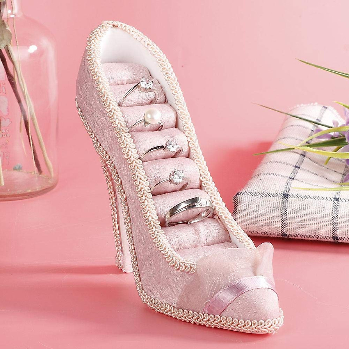 Fashion Jewelry Display Stand, Sparkle Silver High Heel Ring Holder, Jewelry Rack, Model Dress High-heeled Shoes Earring Necklace Ring Jewelry Holder Stand Display for Girls Bridal Gift(04)