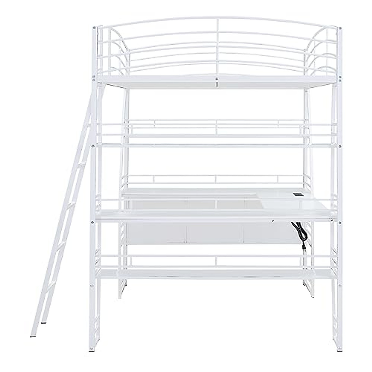 Merax Full Size Loft Bed with 4 Layers of Shelves and L-Shaped Desk, Stylish Metal Frame Bed with a Set of Sockets, USB Ports and Wireless Charging, White