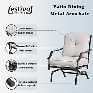Festival Depot Patio Set of 2 Metal Dining Chairs with Thick Cushions Outdoor Furniture for Bistro Deck Garden (Beige)