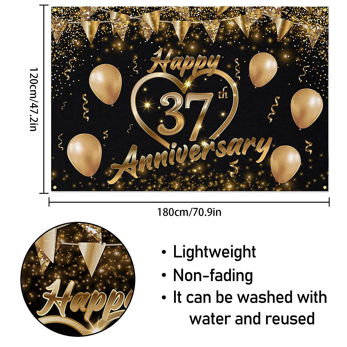 Happy 43rd Anniversary Backdrop Banner Decor Black Gold – Glitter Love Heart Happy 43 Years Wedding Anniversary Party 3.9 x 5.9 ft