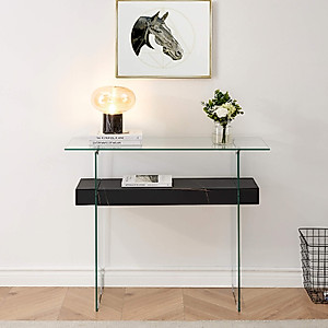 ivinta Glass Console Table with Storage, Small Black Faux Marble Entryway Table for Living Room, 39.4" Modern Sofa Table for Foyer, Hallway, Bedroom