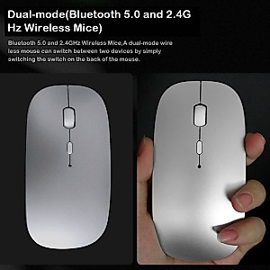 SUNGI Bluetooth Mouse, Rechargeable Wireless Mouse Dual Mode(Bluetooth 5.2+USB),Silent Slim with Adjustable DPI Computer mice for MacBook,Laptop,Tablet,PC,iPad Pro,iPad Air,OS Android,Windows(Silver)