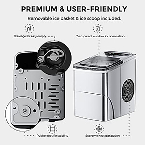 Ice Cube Makers Countertop, Self-Cleaning Function, Portable Electric Machine, 9 Pebble Ice Ready in 6 Mins, 26lbs 24Hrs with Ice Bags and Ice Scoop Basket for Home Bar Camping RV(Silver)