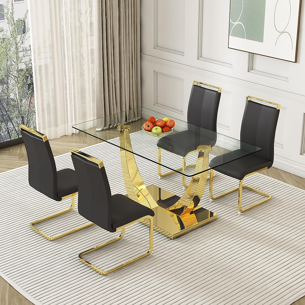 63" Golden Base Glass Dining Table Set for 4, Kitchen Table and Chairs Set with Tempered Glass Table and 4 Pcs PU Faux Leather Chairs, Large Rectangular Dining Room Table Set for Kitchen Dining Room