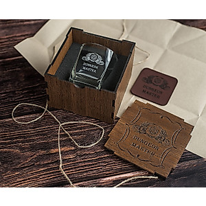 Dungeons Master gift, Whisky Glass with Gift wooden Box, full-grain leather coaster, dungeons and dragons gifts for men and women unique. Dungeons and dragons whiskey glasses