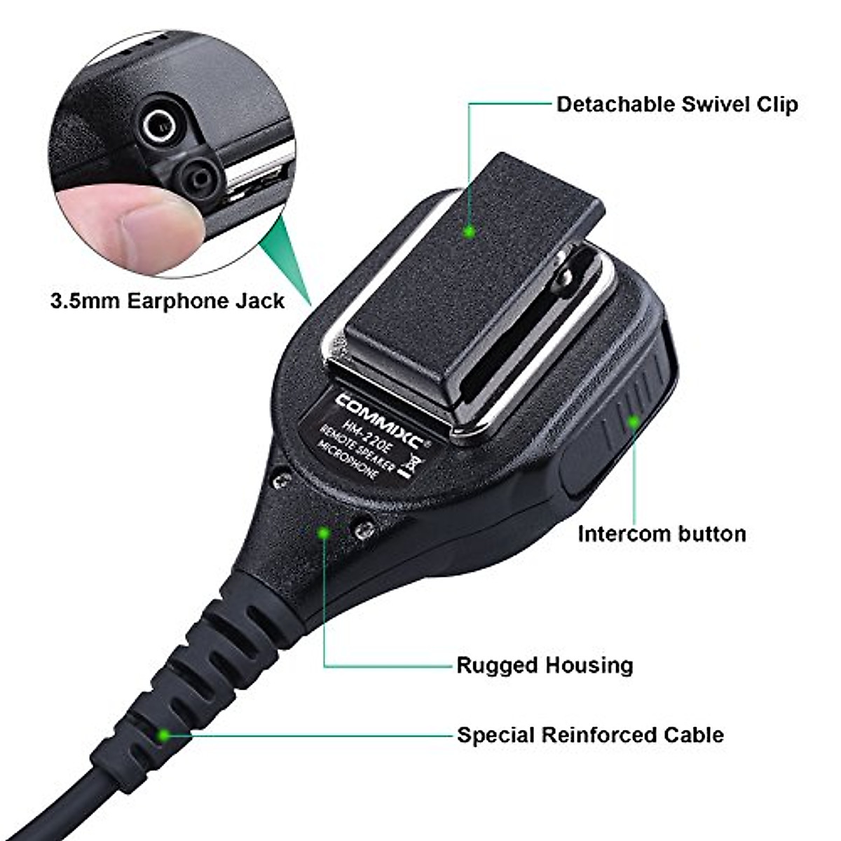 COMMIXC Shoulder Mic, Waterproof IP55 Handheld Speaker Mic with External 3.5mm Earpiece Jack, Compatible with 2.5mm/3.5mm 2-Pin Motorola Two-Way Radios