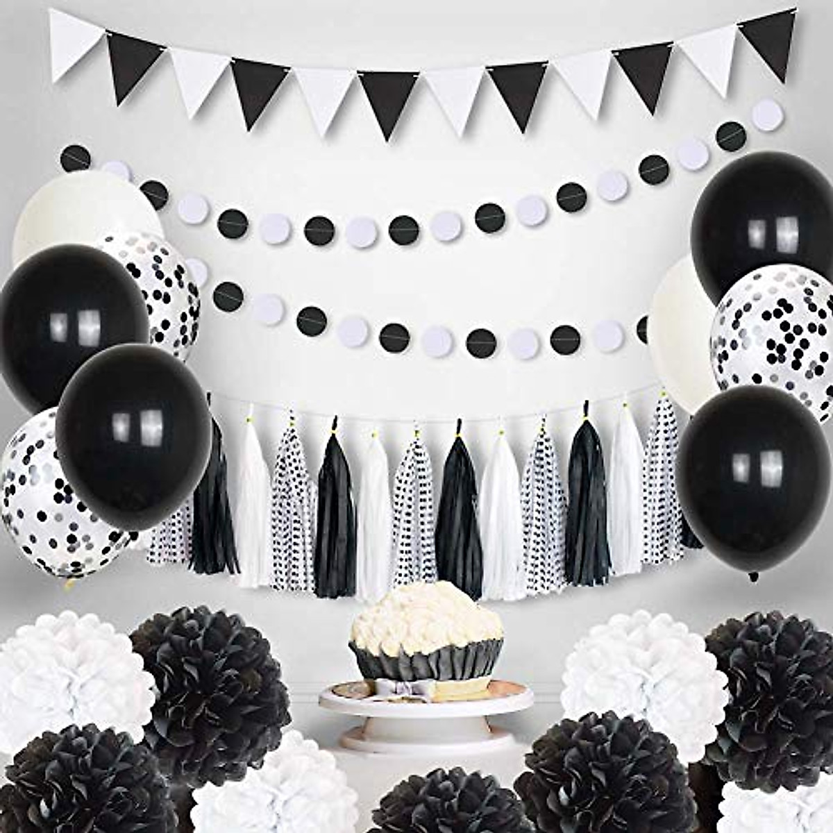 ANSOMO Black and White Party Decorations and Supplies, for Baby Shower and Birthday Graduation Bachelorette with Paper Fan and Tassel Garland