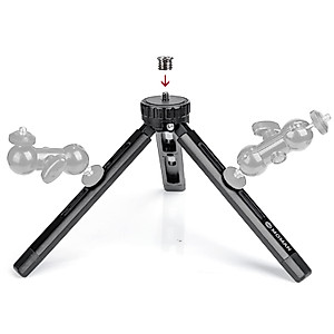 Mini Camera Tripod, Moman Tabletop Travel Tripod Desktop TR01S with 1/4 and 3/8 Screw Mount and Function Leg CNC Aluminum Design for Camcorder Gimbal Stabilizers Max Payload of 5Kg, Black