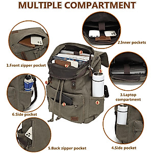 JIELV Canvas Vintage Backpack,Mens Travel Rucksack,Casual Daypack Bookbag for Laptop School College Hiking(Army Green)