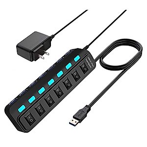 USB Hub 3.0 Powered, Zouhi USB hub 7 Port 3.0 Data Hub Splitter with 5V/2A Power Adapter and with Individual On/Off Switches/Power LED / 3.3ft/1m Long Cable for Mac Pro, MacBook Pro and More