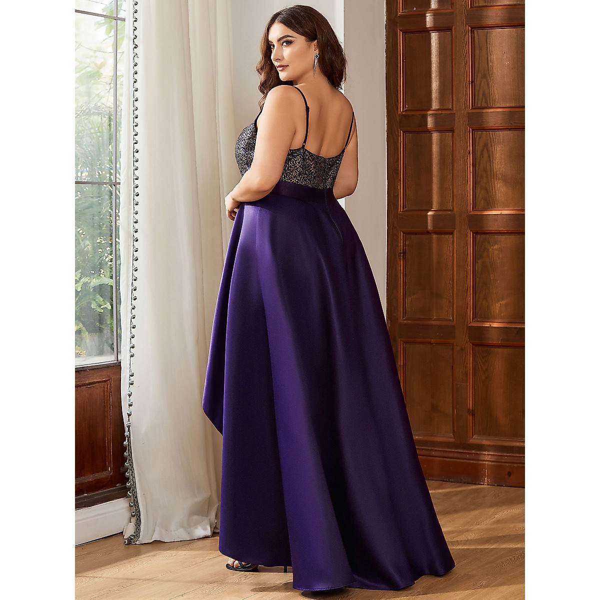 Ever-Pretty Women's Plus Size Sequin V-Neck High-Low A-line Evening Dress Prom Gowns Purple US18