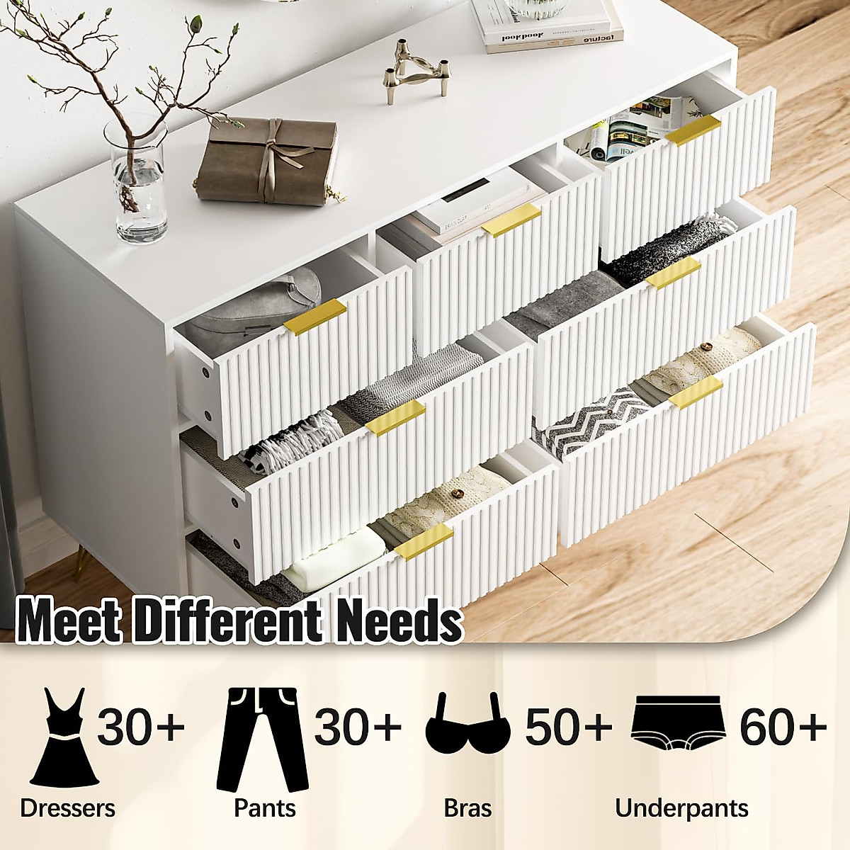 FURNIWAY Dresser for Bedroom, Modern 6-Drawer Dresser with Gold Handles, Wide Chest of Drawers for Living Room, White (White, 7 Drawer)