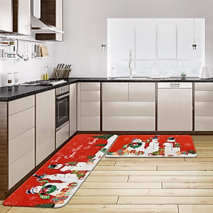 ASPMIZ 2 Pcs Merry Christmas Kitchen Rugs, Red Winter Area Rug Set of 2 Non Slip Washable, Absorbent Anti Fatigue Snowmen Kitchen Mat for Laundry Bathroom Bedroom Xmas Decor, 17'' x 47'' + 17'' x 30''