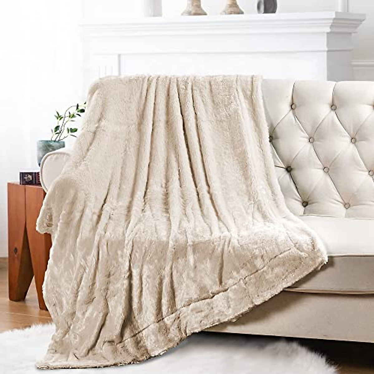 Home Soft Things Double Sided Faux Fur Bed Couch Throw Blanket, Oatmeal, 70'' x 80'', Soft Luxurious Warm Heavy Cuddly Throw Blanket for Couch Sofa Chair Home Décor