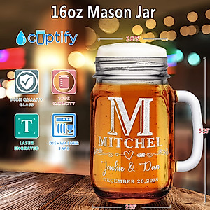 Personalized Wedding Favors Etched 16 oz Mason Jar Drinking Glasses with Handle Customized Mug for Anniversary Groom Bride Husband Wife
