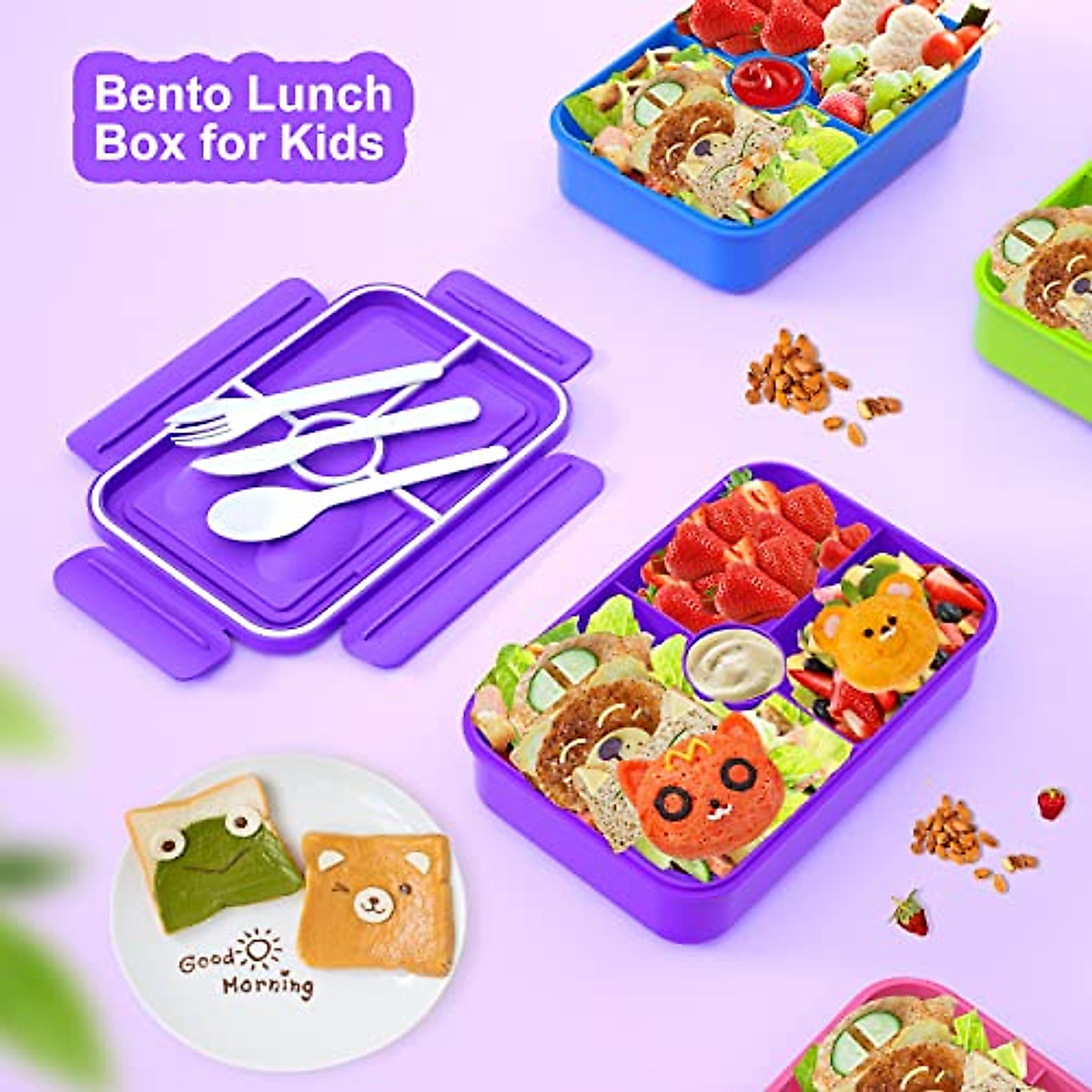 KEMETHY Bento Lunch Box for Kids, Purple, 4 Compartment Leakproof Lunch Box with Built-in Utensils, Microwave/Dishwasher/Freezer Safe, BPA-Free and Reusable