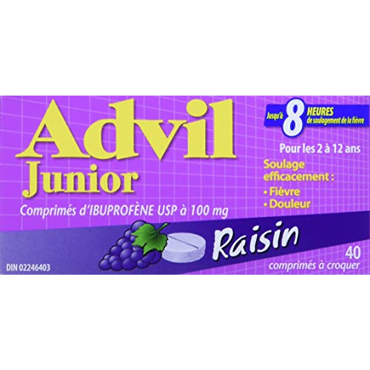 Junior Strength Advil (40 Count, Grape Flavour) Ibuprofen Chewable Tablets for Relief of Pain Fever