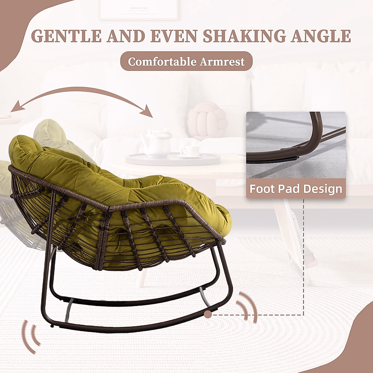 MOONMISS Rocking Chair, Oversized Patio Rocker Recliner Chair with Padded Cushion for Indoor and Outdoor, Patio Rattan Egg Rocking Chair for Front Porch, Garden,Backyard, Balcony (2, Olive)