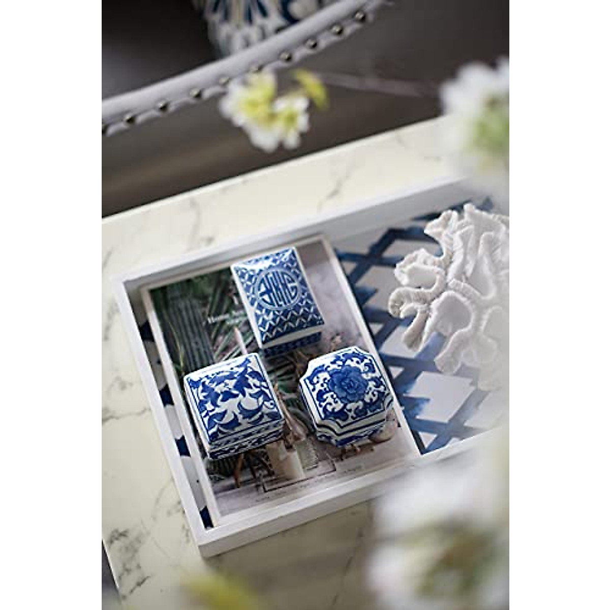 A&B Home Decorative Porcelain Box with Lid Blue and White Set of 3 Glazed Ceramic Hand Painted Jars Centerpiece Asian Decoration