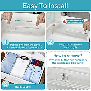 Vtopmart 8 Pack Drawer Dividers for Clothes, Adjustable 4" High Expandable from 10.6"-17" Dresser Drawer Organizer, Clear Plastic Drawer Separators for Baby Clothes, Underwear, socks, Easy to Assemble