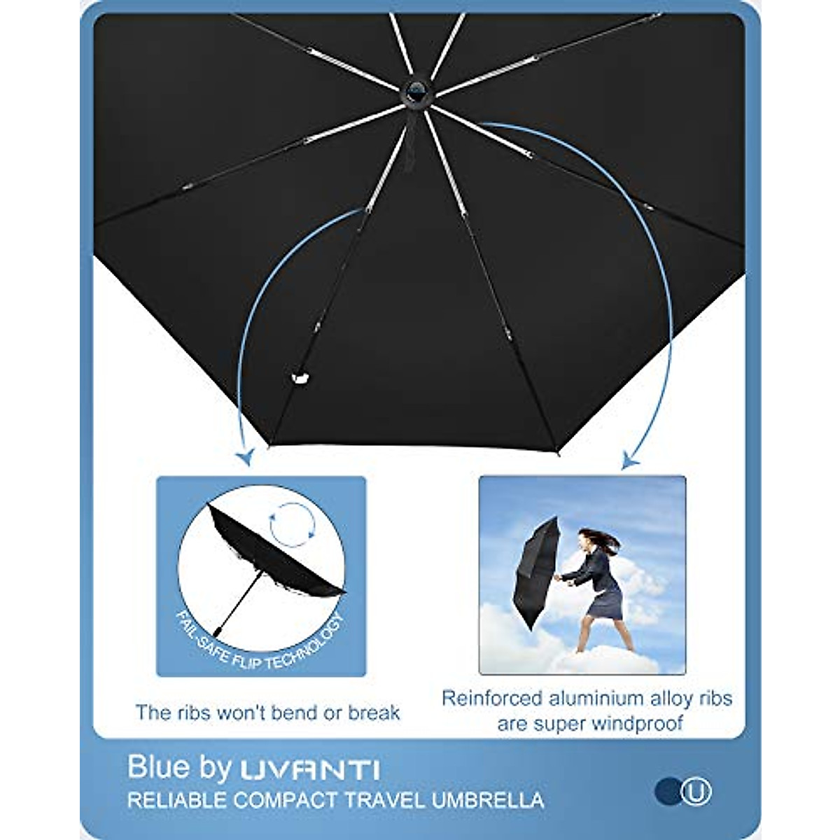 UVANTI Compact Travel Umbrella - Pocket Portable Small Mini Folding Windproof umbrella - Car Backpack Purse Automatic Umbrellas for Rain