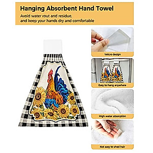 MUSEDAY Hand Towels for Bathroom Kitchen Farm Rooster with Sunflower Black Buffalo Plaid American Country Style Decorative Hanging Hand Towels Set Soft Tea Bar Tie Towel Washcloth