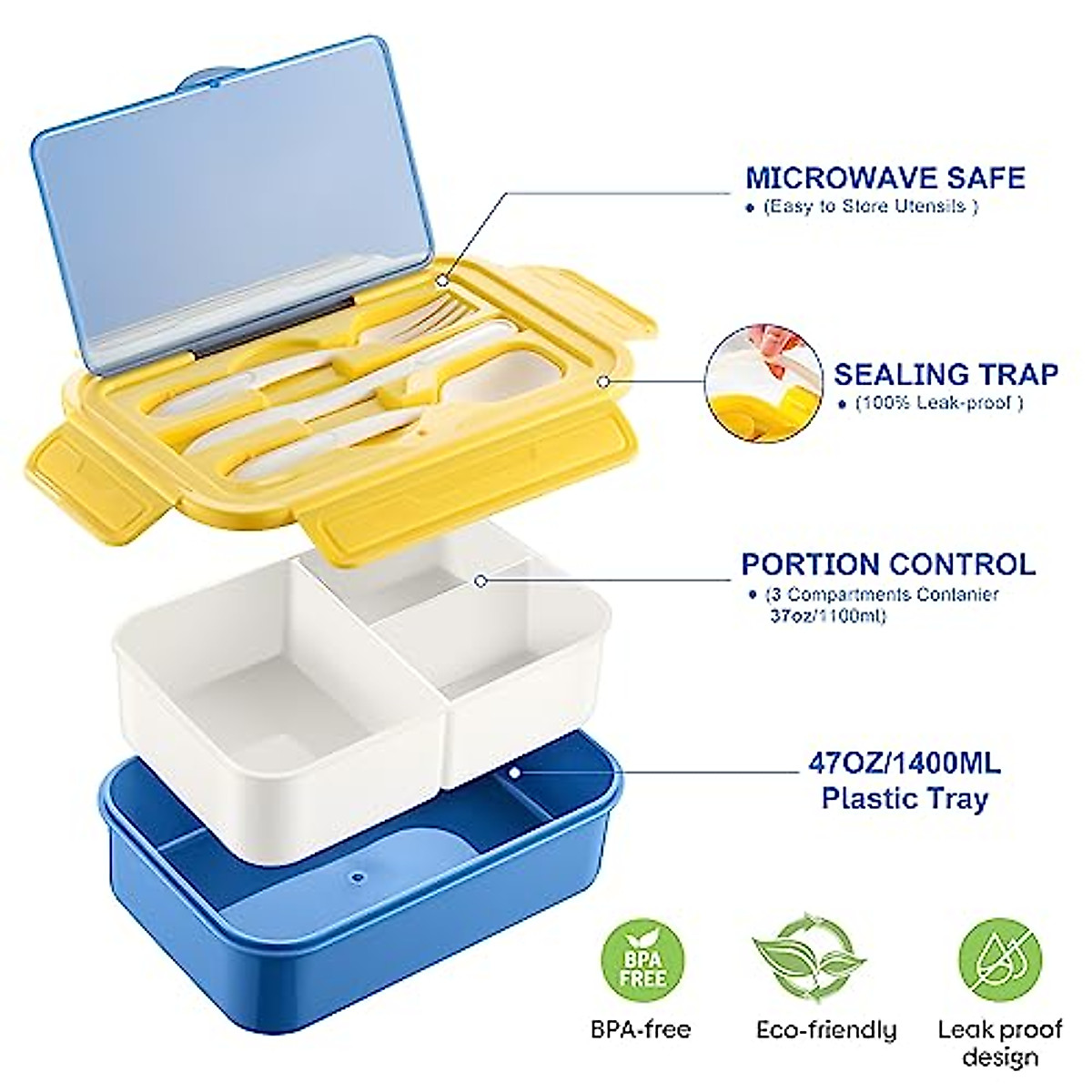 Landmore Bento Box Lunch Box for Kids Adults, 1100 ML Bento Lunch Box for Kids 3 Compartments with Utensils and Lunch Bag, Leakproof BPA Free(Blue)