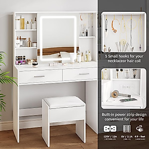 Makeup Vanity with LED Lighted Sliding Mirror, White Vanity Desk with 5 Drawers, Charging Station & Hidden Storage Shelves, Adjustable Brightness, Dressing Table Stool Set for Bedroom