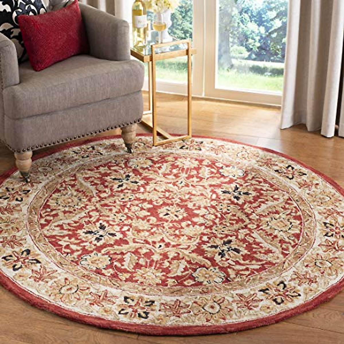 SAFAVIEH Chelsea Collection 3' Round Red / Ivory HK157A Hand-Hooked French Country Wool Area Rug